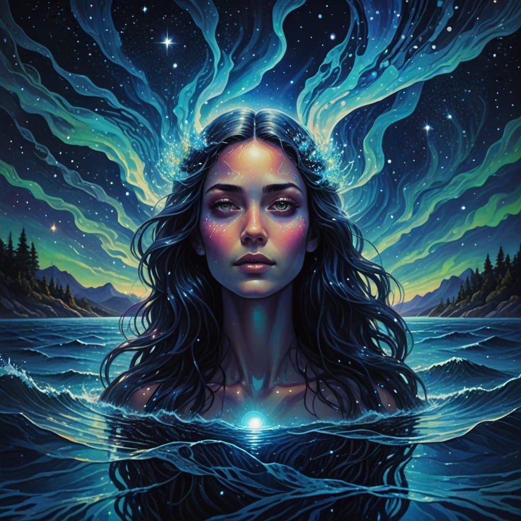 Water woman rising from rippling waves. Dressed in... - AI Art