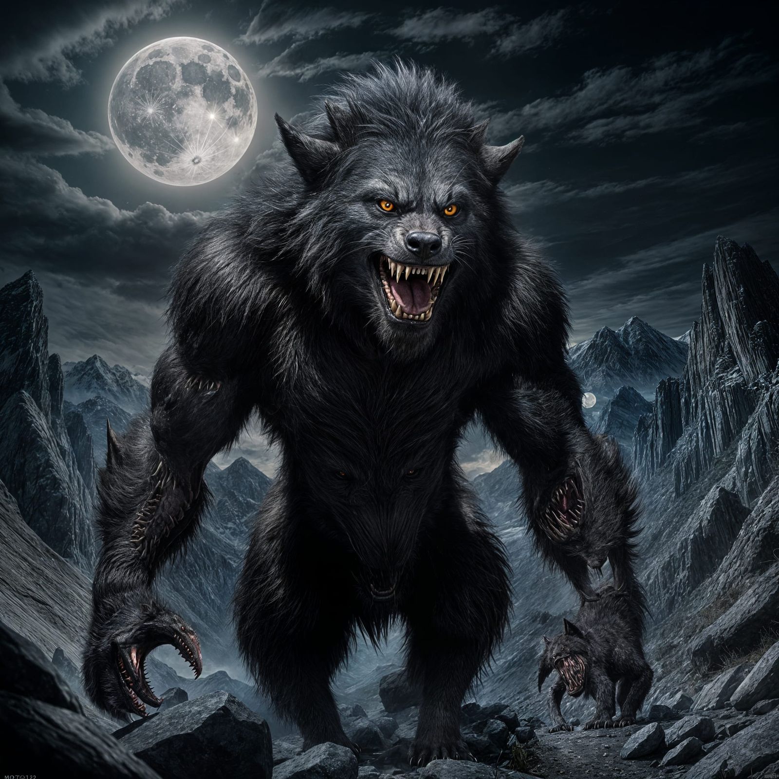 Realistic Werewolf in Fierce Attack Stance Under M... - AI Art