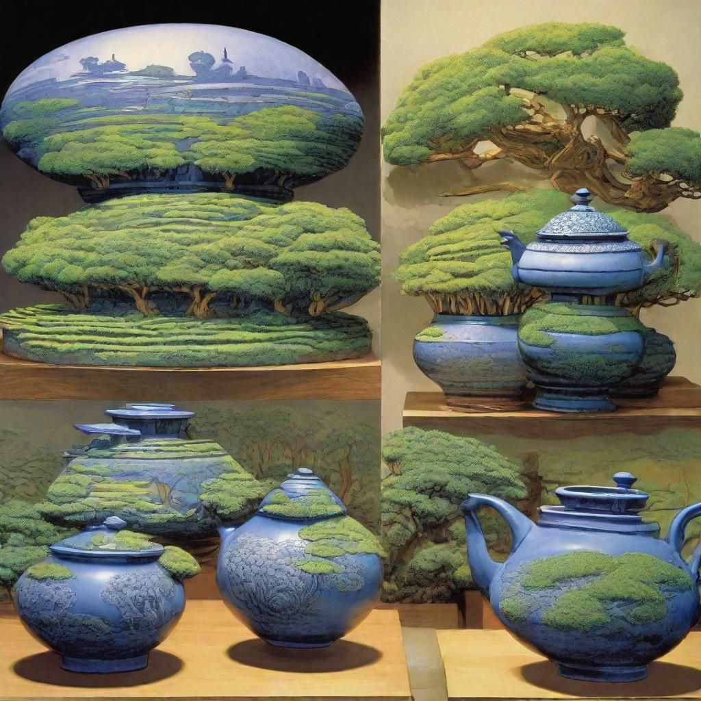 art by Hasui Kawase, Claude Monet, Syd Mead. Eccentric clay pottery in ...