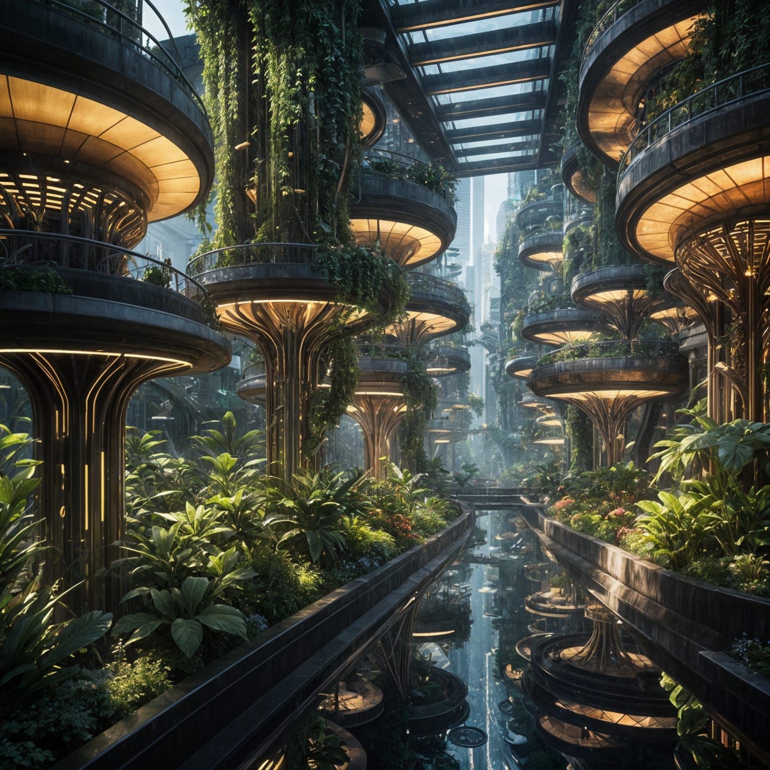 Hyper-detailed 3D holographic solarpunk cityscape, gleaming sustainable ...