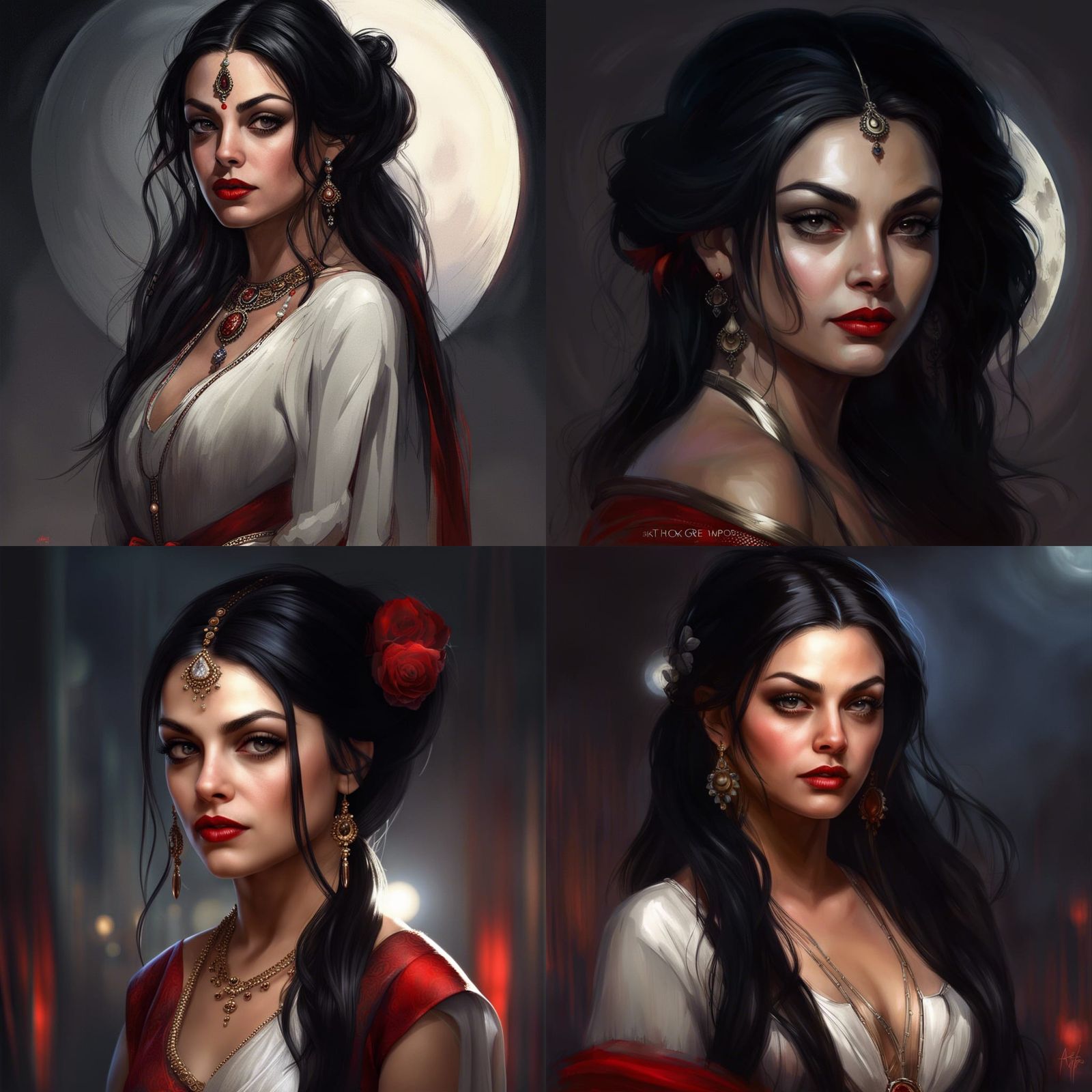 Young Mila Kunis Sensuous In The Moonlight In Traditional Dress Long Black Hair With Hair