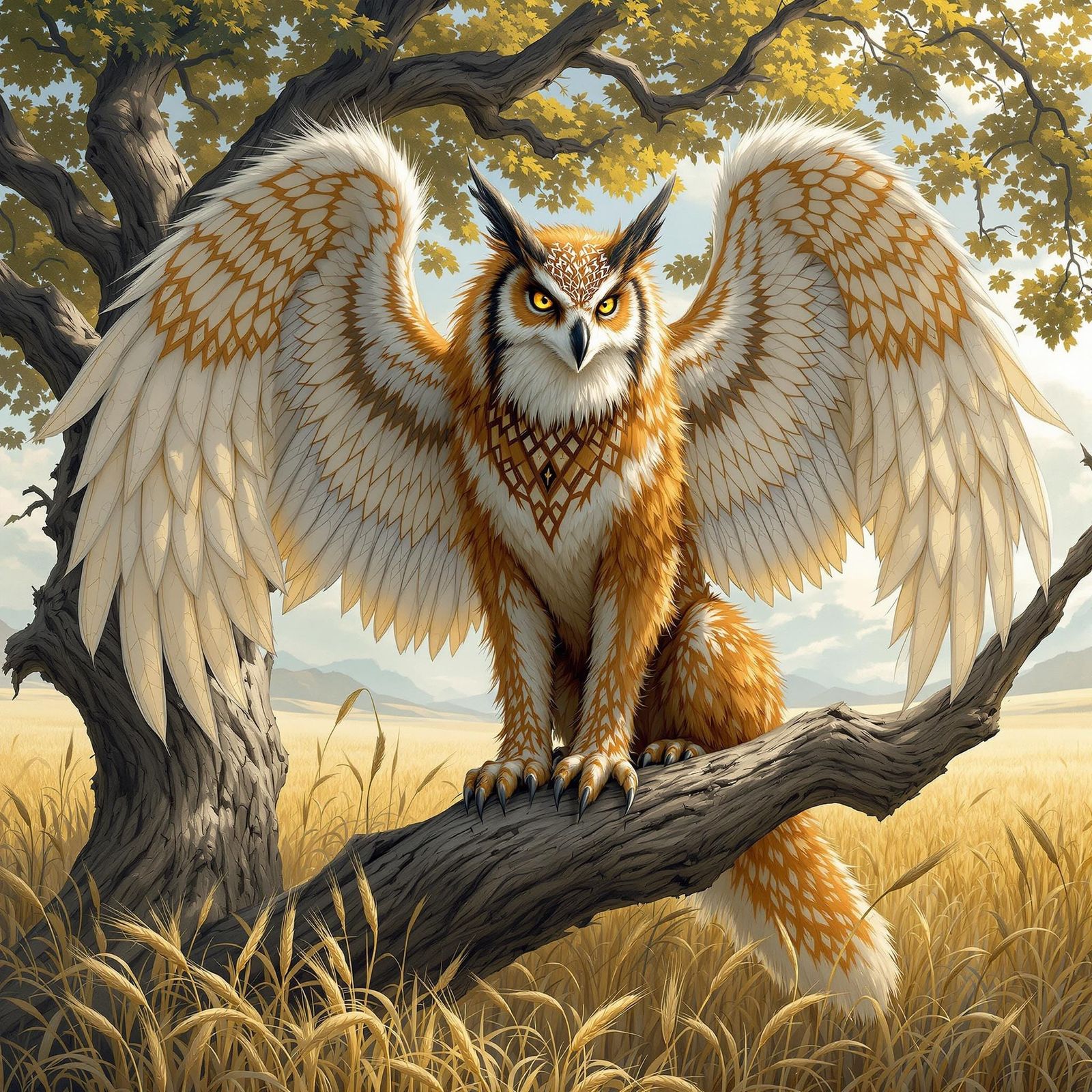 Majestic hybrid winged creature, fusion of a great horned owl's ...