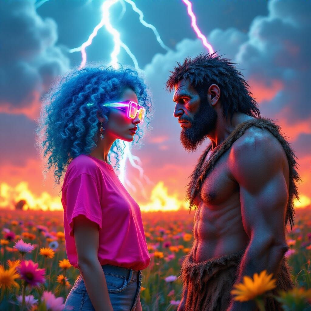 Time Warp Confusion - Woman Meets Caveman in Electric Flower...
