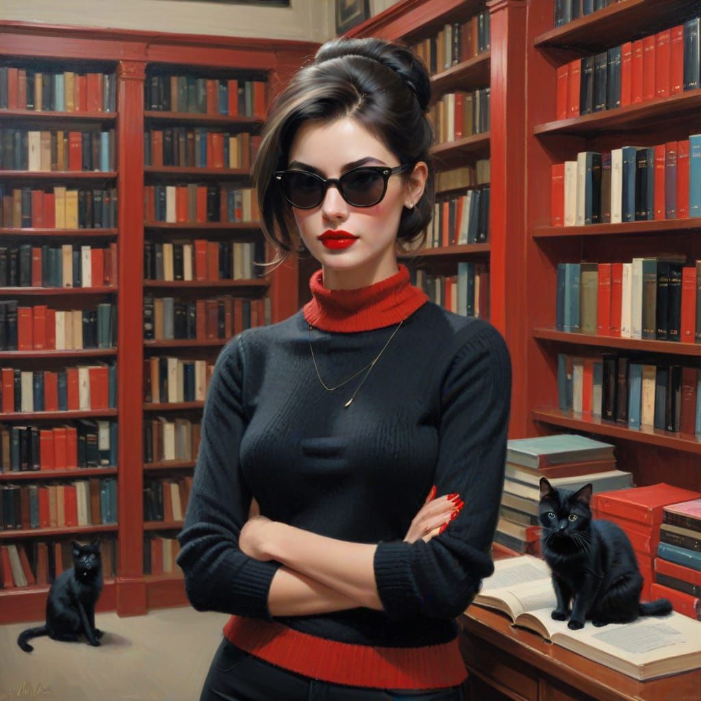 Catnik - Beatnik Lady with Cat in Bookshop, Oil Painting Sty...