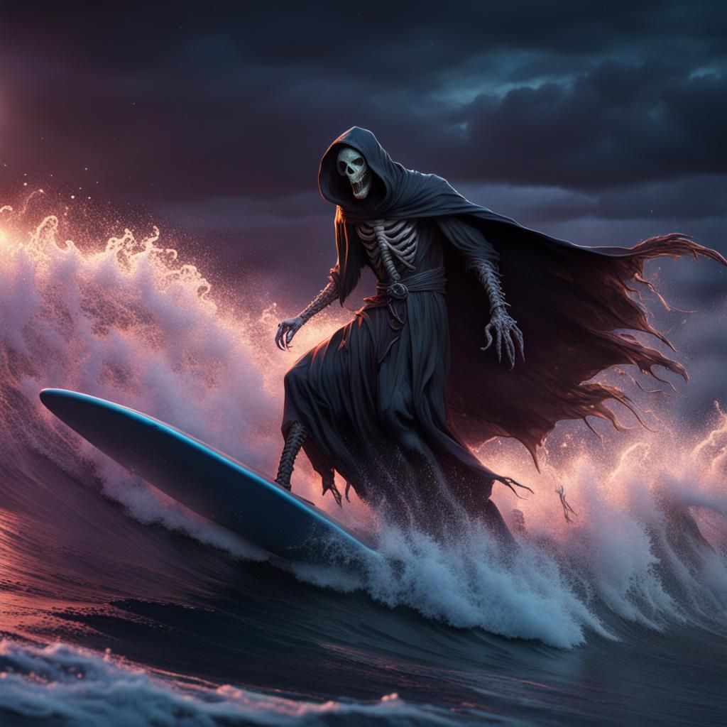 Grim Reaper surfing at midnight - AI Generated Artwork - NightCafe Creator