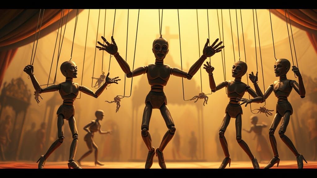 Surreal Marionettes in Exaggerated Dance Pose Agai... - AI Art