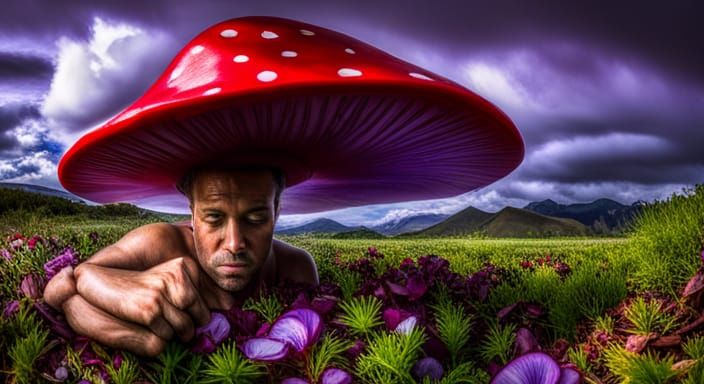 elf sleeping under a purple spotted toadstool, wearing a cowboy hat ...