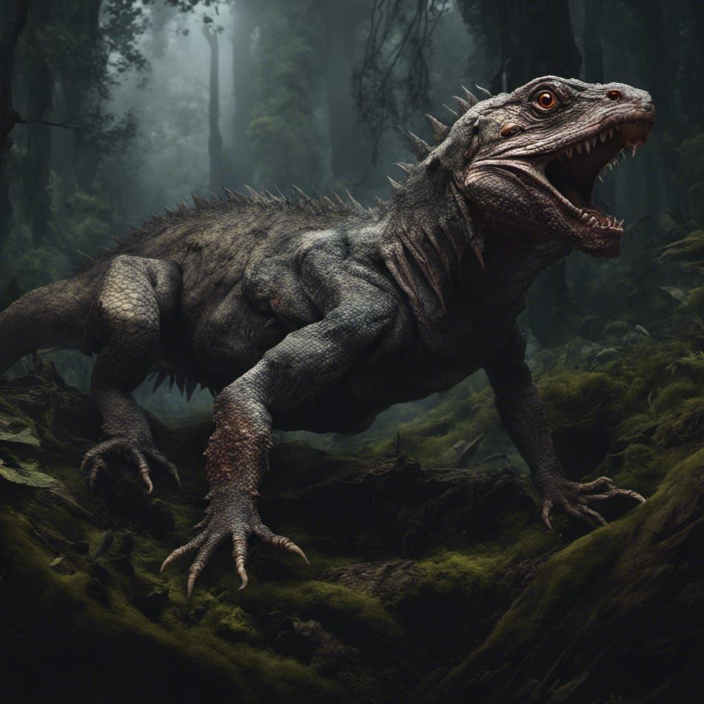Horror large lizard with tusks, fangs, in a forest, dark - AI Generated ...