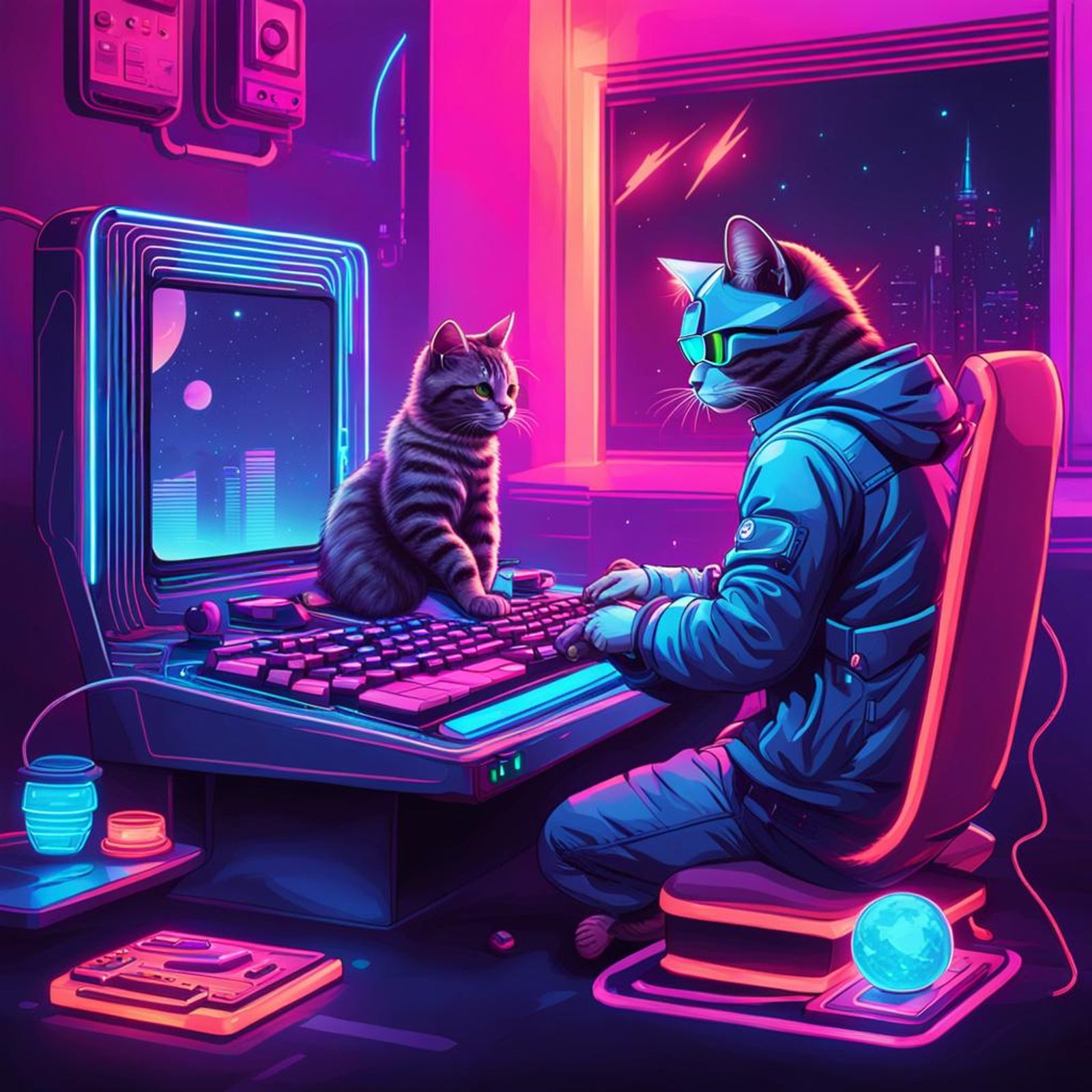 Cat playing a game on a futuristic gaming setup, with it's little ...