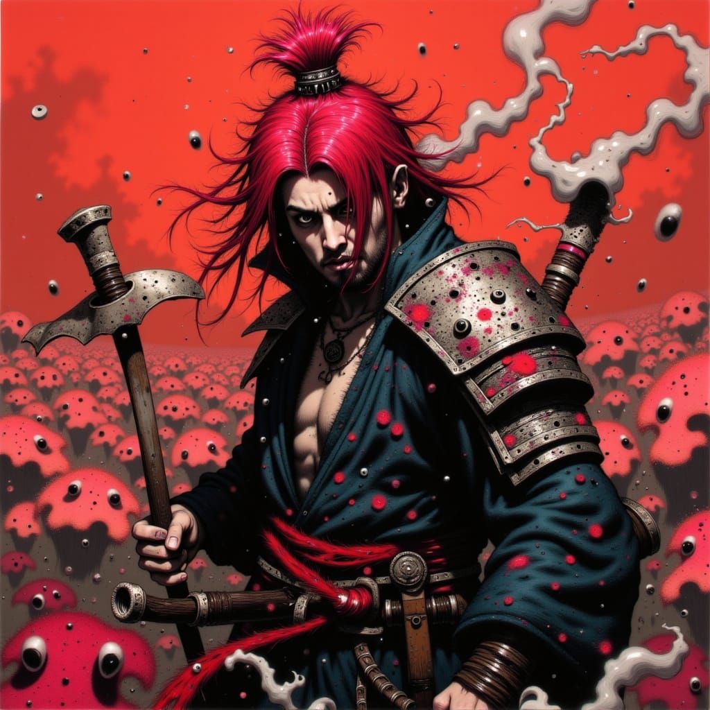 Fierce Red-Haired Samurai in Dynamic Comic Style - AI Art