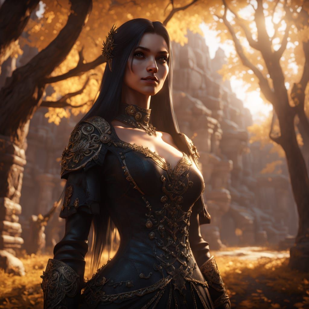 Here is the rewritten prompt: A muscular yet lithe Gothic woman with an ...