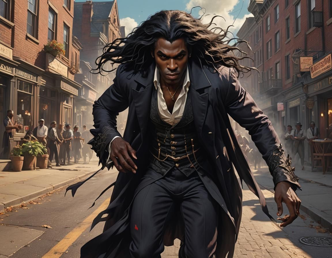 action shot of a gorgeous black male vampire, long flowing hair ...