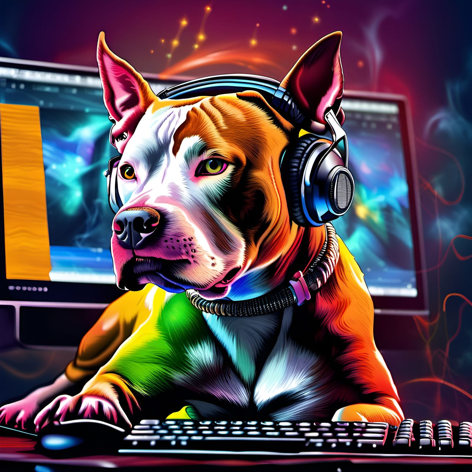A cool gamer American Pit Bull terrier sitting at computer with ...