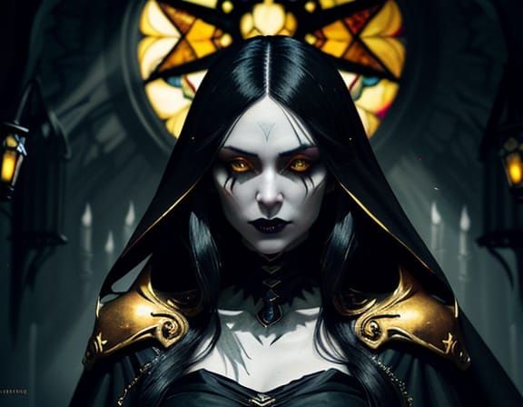 A dark gothic lady vampire with fangs and a gold cape, glowing eyes ...