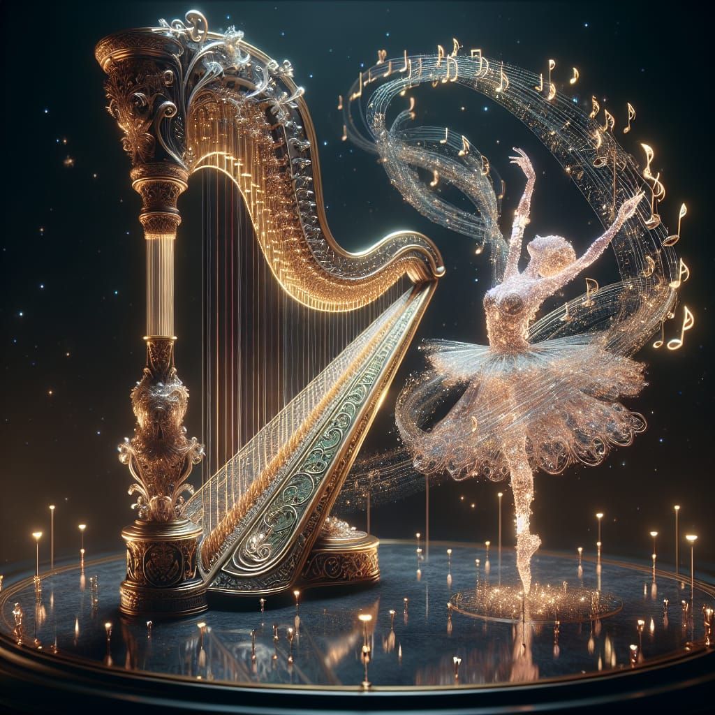 An ornate harp made of crystal-clear glass and gold, intricately ...