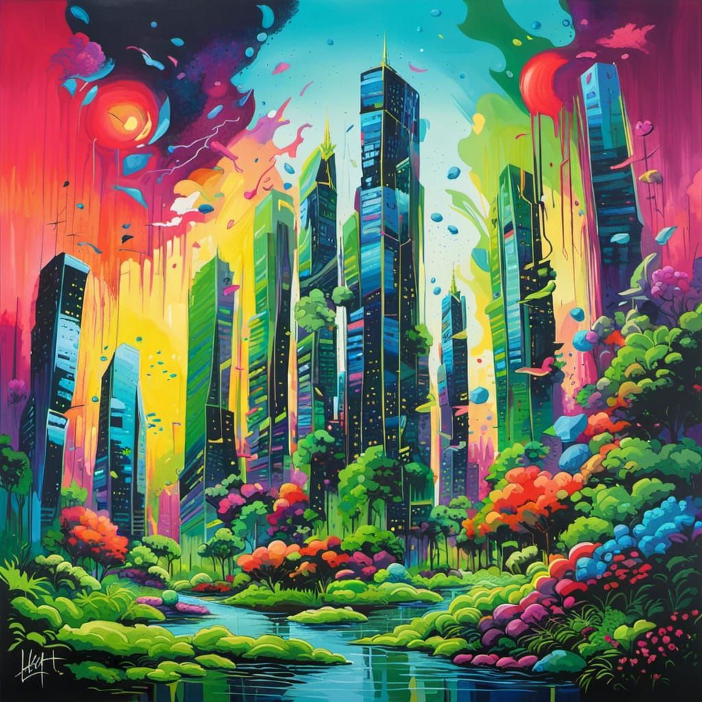 Futuristc skyscrapers in harmony with nature in a utopian style with a ...