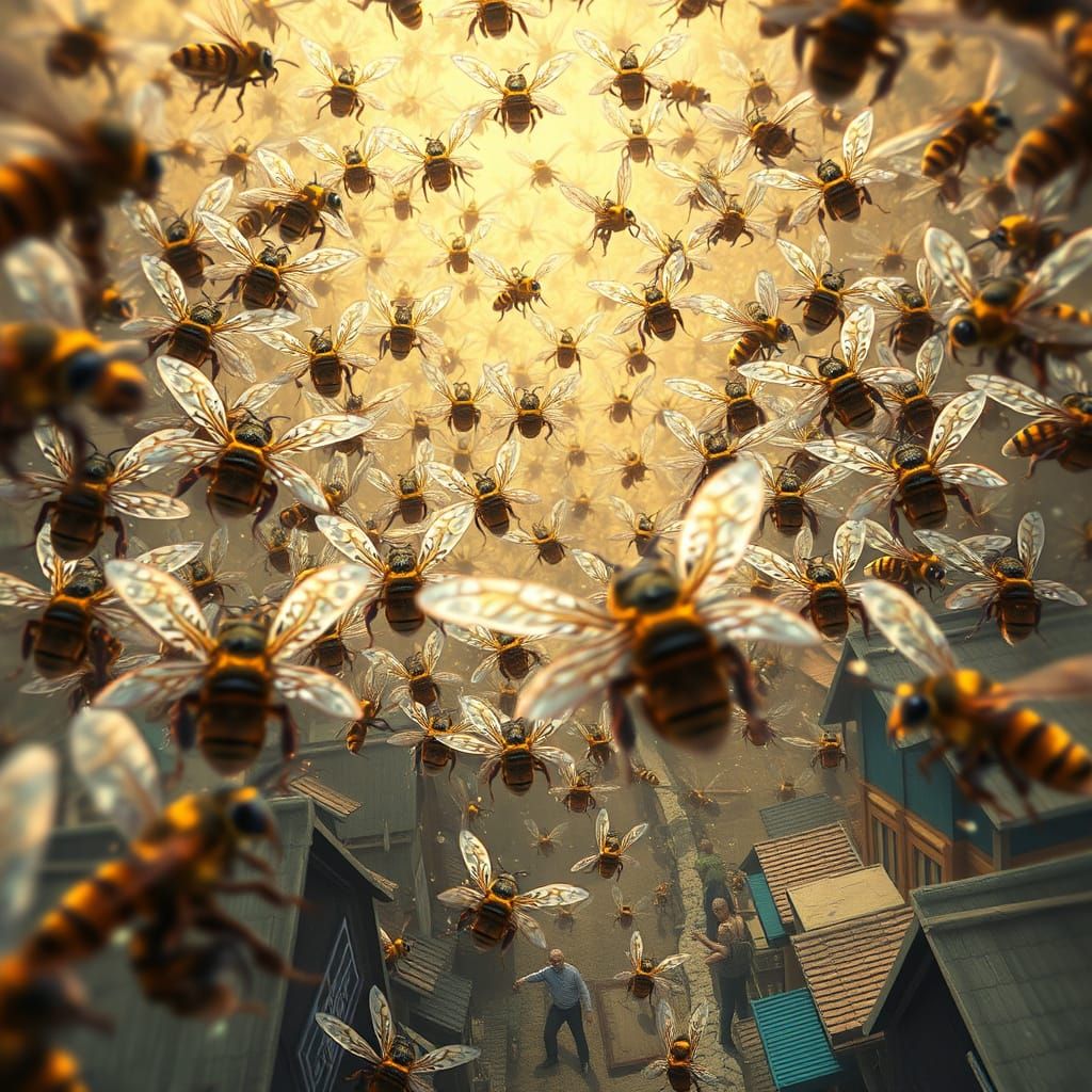 Apocalyptic Swarm of Iridescent Killer Bees Devast... - AI Art