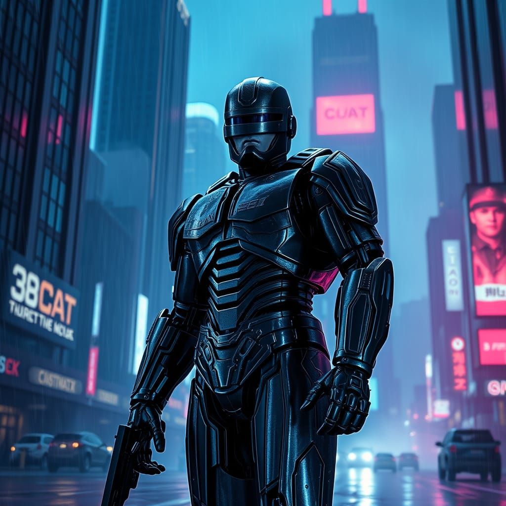 Robocop as Noir Detective - Gritty Noir Detective in a Rain...