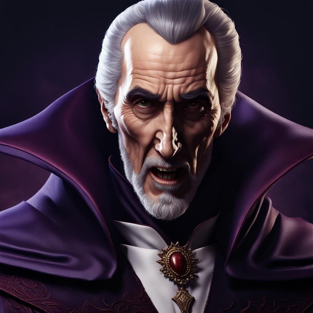Portrait of Christopher Lee's Dracula Wearing a dark purple cloak and ...