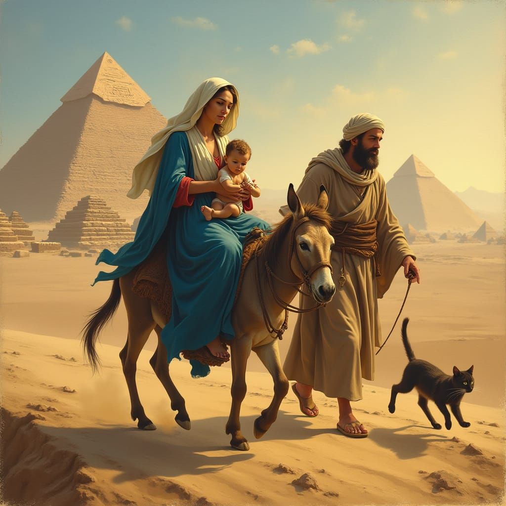 Mary and Jesus Ride Donkey with St. Joseph in Anci... - AI Art