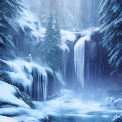large waterfall snowy icy waterfall in vast spruce forest shining ...