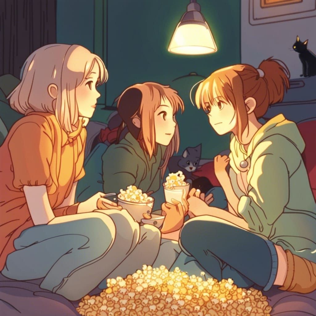 Friends having popcorn during sleep over - AI Generated Artwork ...