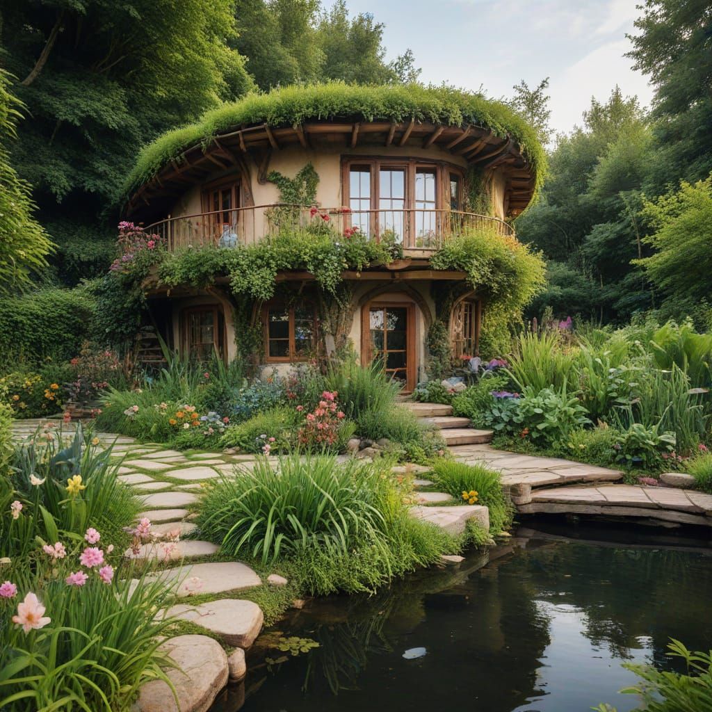 A sculpted cob house with living grass roof, and surrounded by many ...