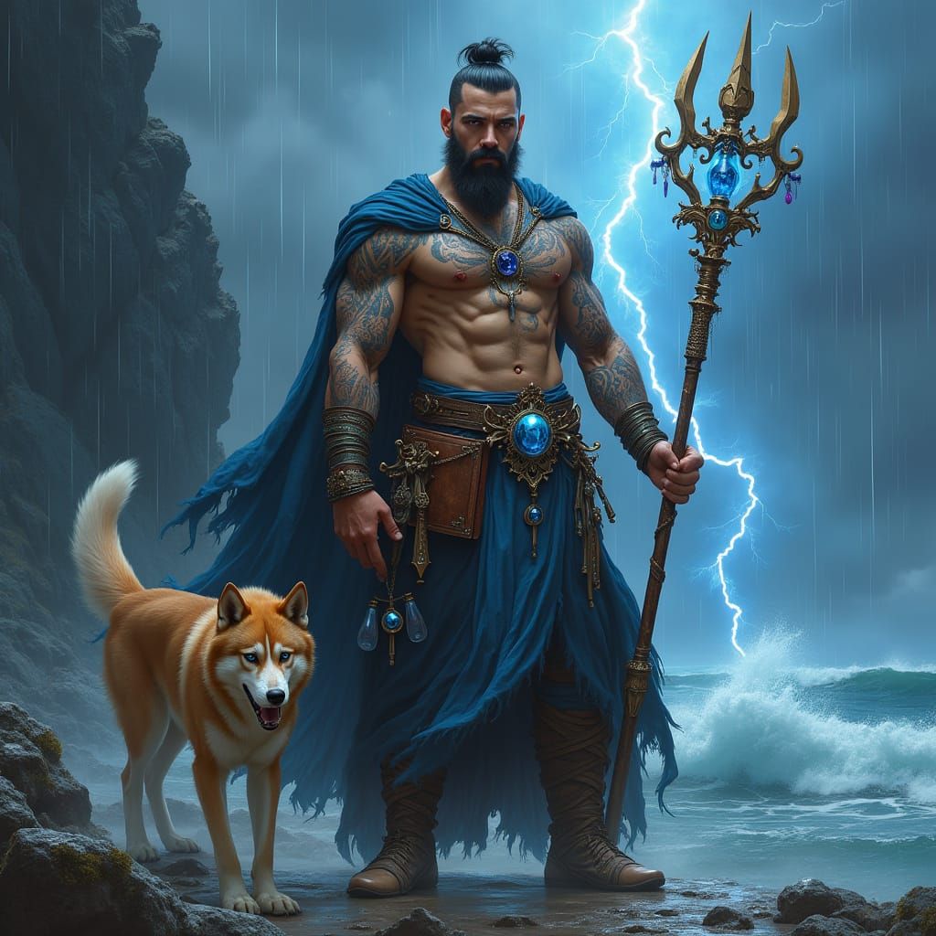Muscular Wizard Stands Proud, Tattoos and Magic in... - AI Art