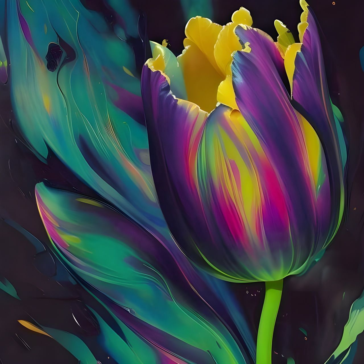 "close-up of beautiful glowing tulip flower, inverted neon colors ...