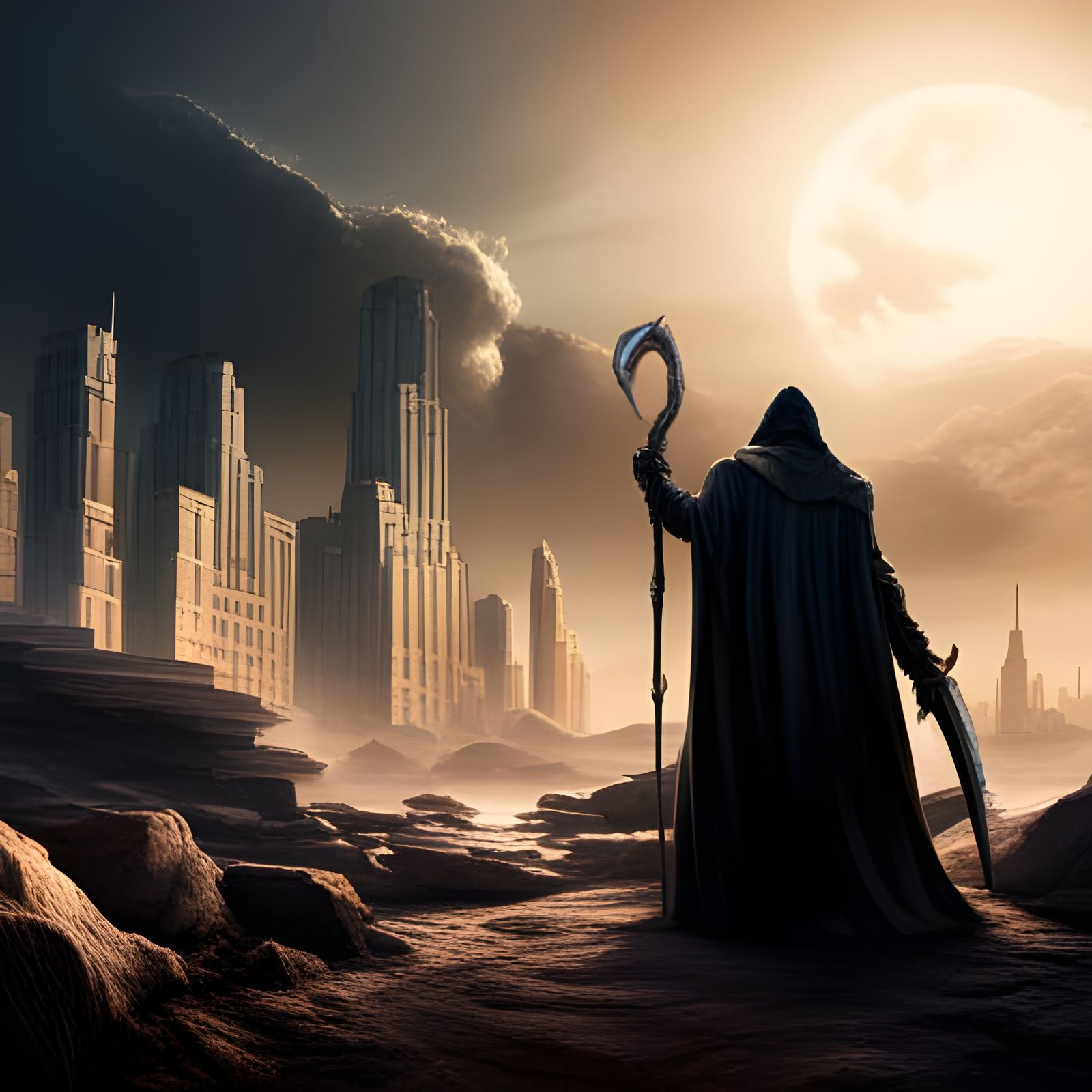 faceless cloaked reaper with scythe in futuristic setting - AI ...