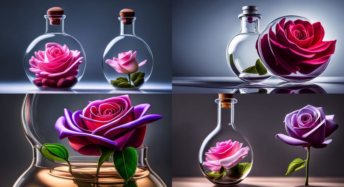Rose inside a clear glass bottle; a purple rose inside a clear glass ...