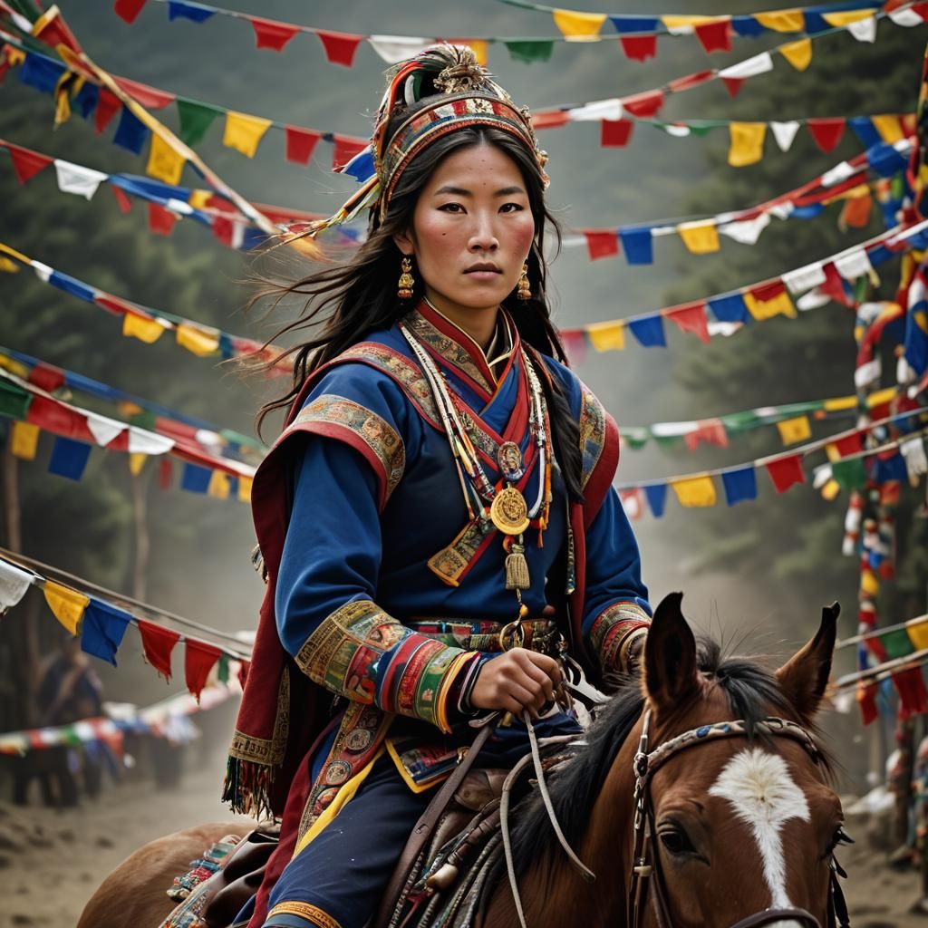 Tibetan princess in full regalia on horseback with prayer flags hanging ...