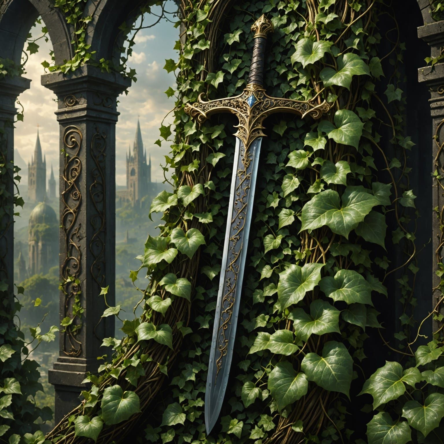 Moon blade - Golden Ivy Sword: Epic Digital Painting