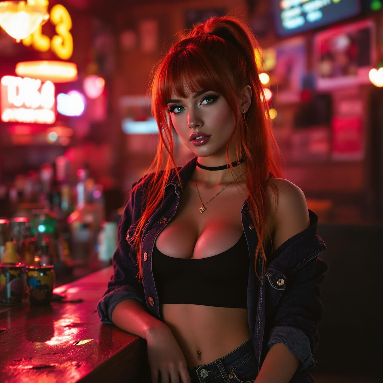 Confident Redhead in Neon Nightclub Ambiance - AI Art