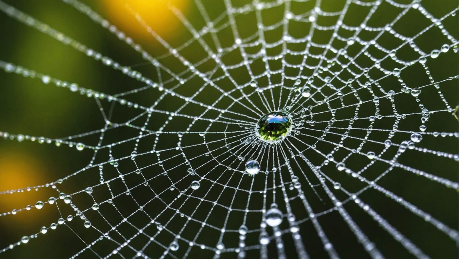 On a very delicate spider's web, a drop of dew with complex details settles, capturing a style ...