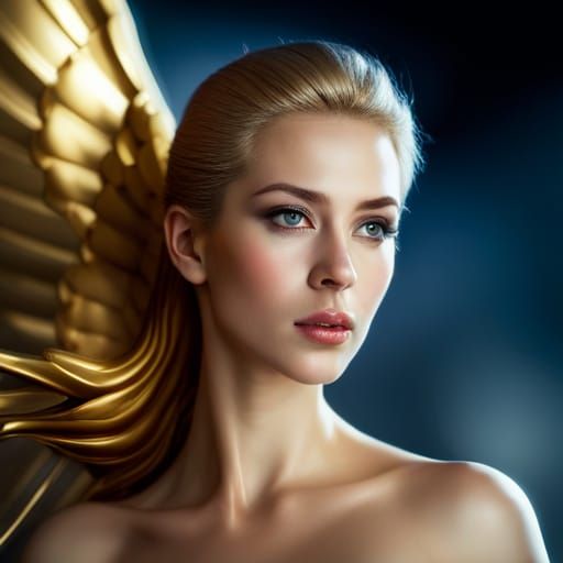 alluring angel, close-up portrait with Golden wings hints of ivory gold ...