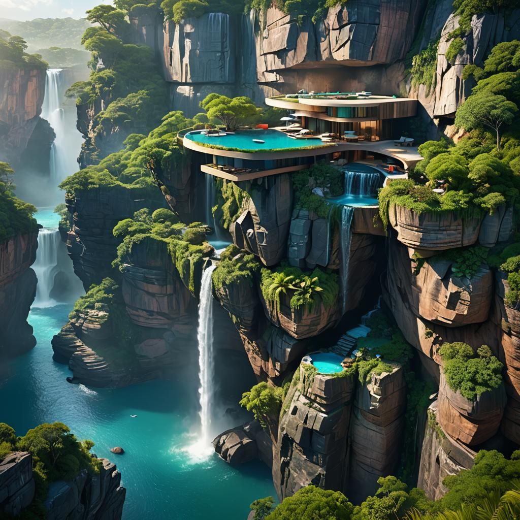 Surreal Cliffside Oasis in Vibrant, Iridescent Hue... - AI Art