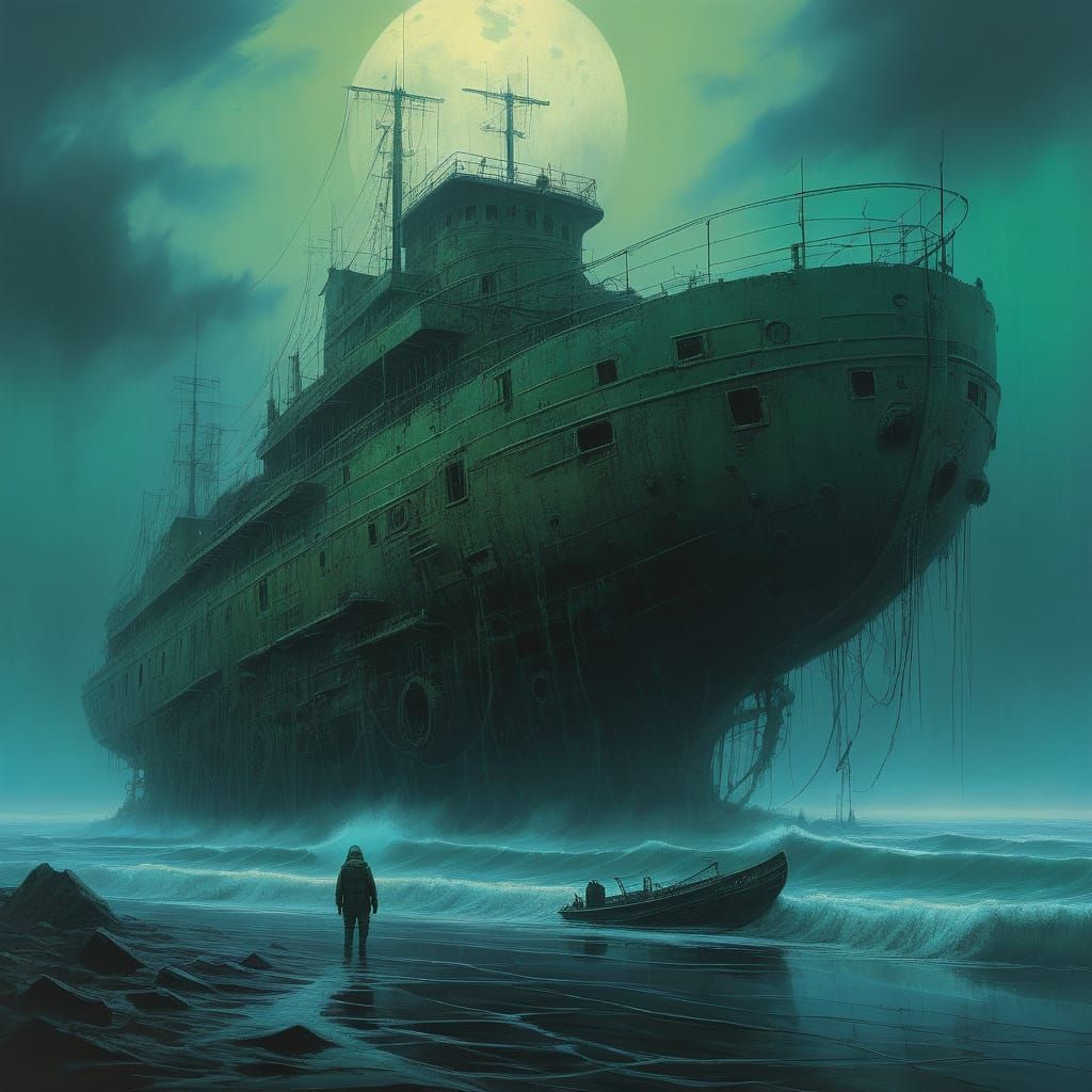 Ethereal Biomechanical Vessel Drifts Amidst Turbul... - AI Art