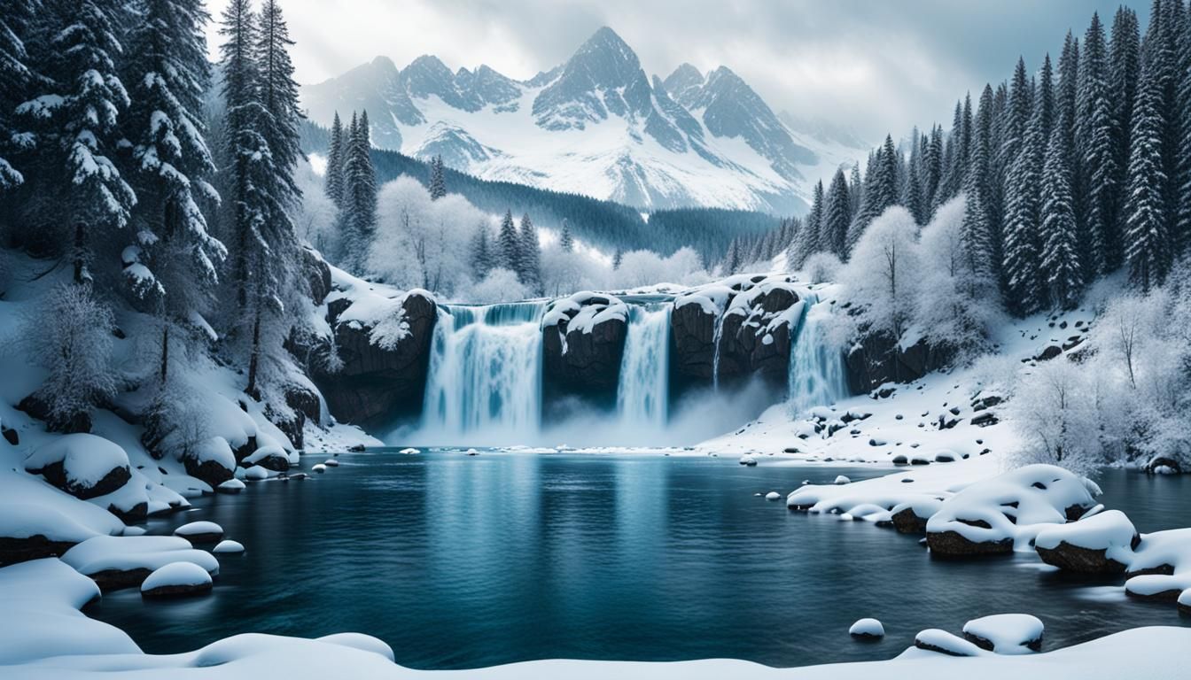 Epic cinematic landscape, snowy mountains with snow covered trees and a ...