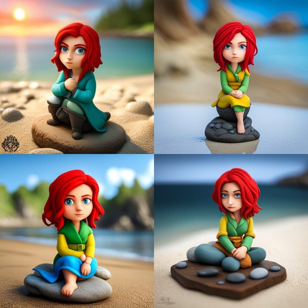 Tiltshift Chibi Triss Merigold sitting on a rock at the beach ...