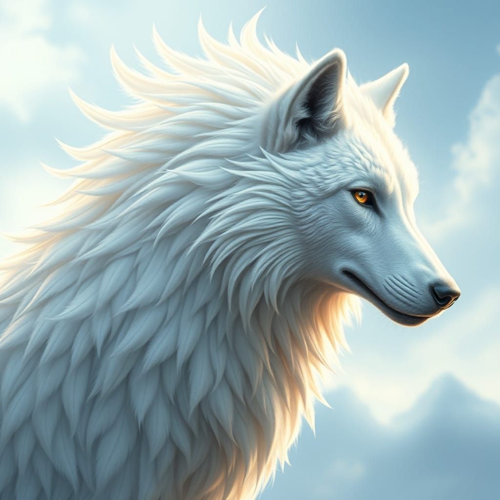 Hyper realistic beautiful ethereal white phoenix/ dire wolf hybrid