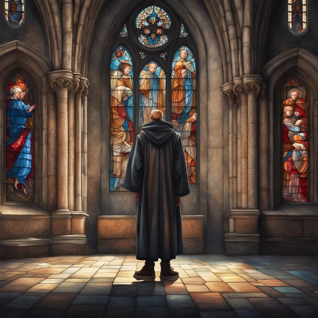 On the gothic church, ornate colorful stained-glass windows set the ...