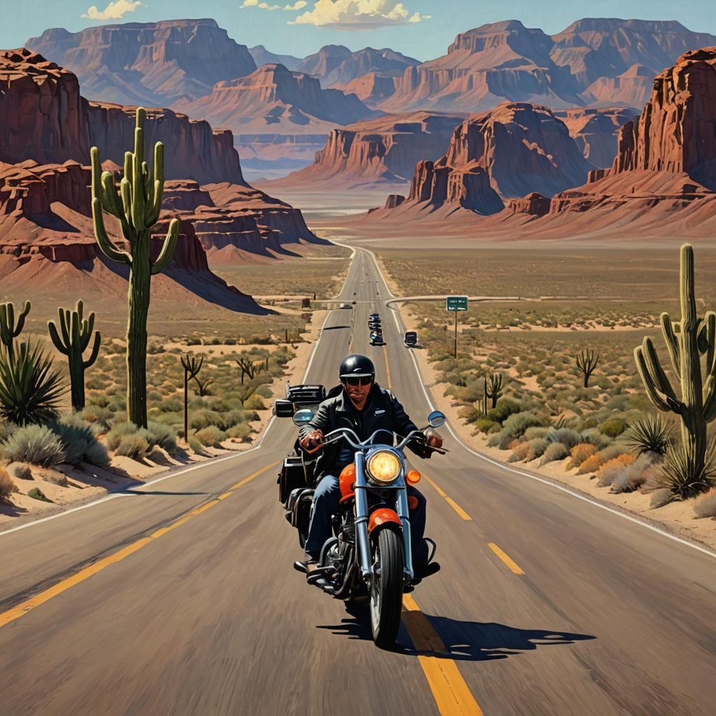 Biker on Route 66, [Realism | Americana] [Oil Painting | Digital ...