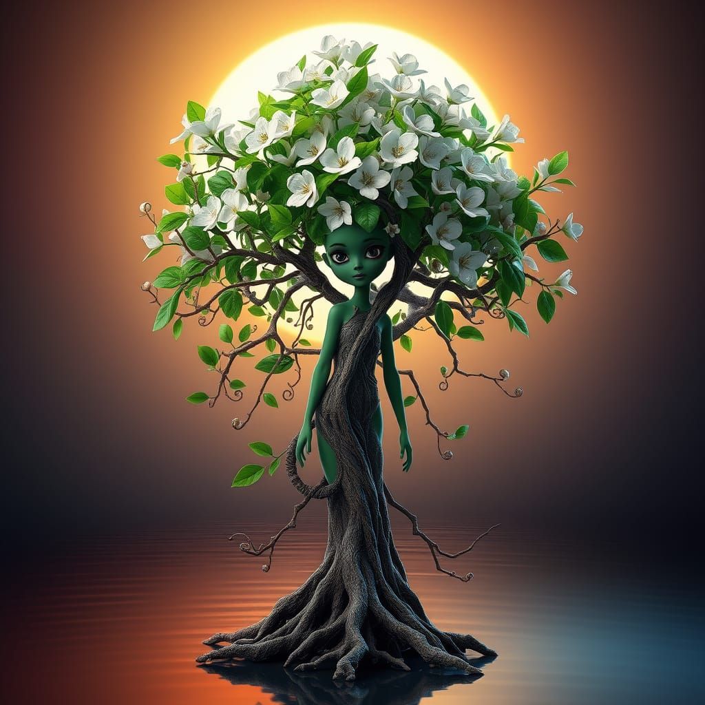 ""A female humanoid banyan tree with vibrant green leaves and delicate ...