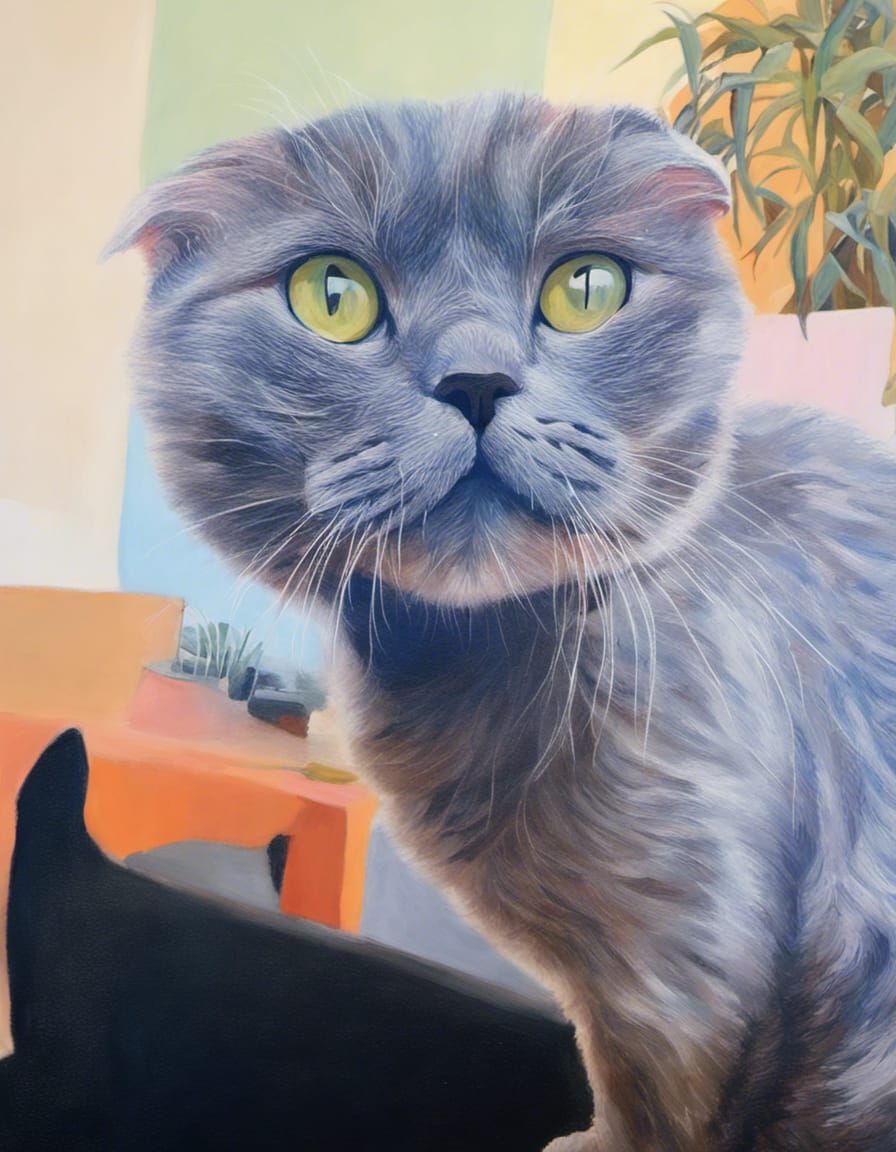 Oil painting of cat surrounded by indoor plants bright saturated ...