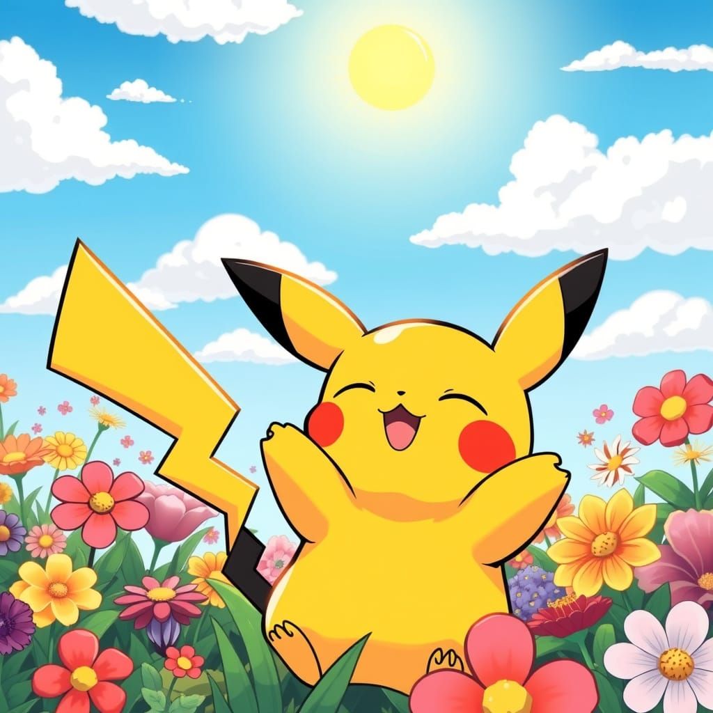 Joyful Pikachu Cub Basks in Vibrant Garden - AI Art