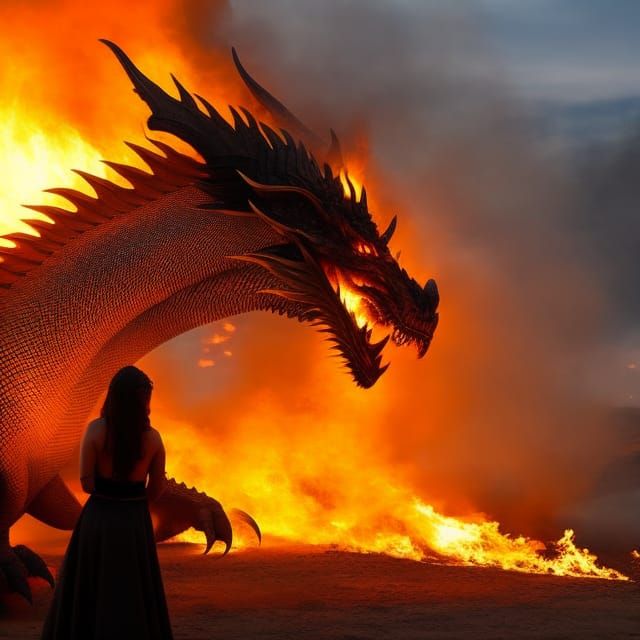 A woman warrior taming a giant fire dragon, the woman has her hand on ...