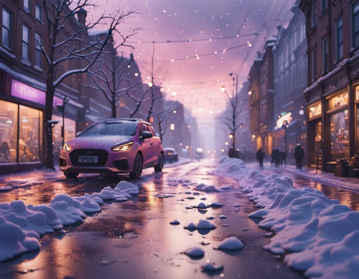 Purple hour aesthetic , winter weather in town, hyperdetailed, 16k ...