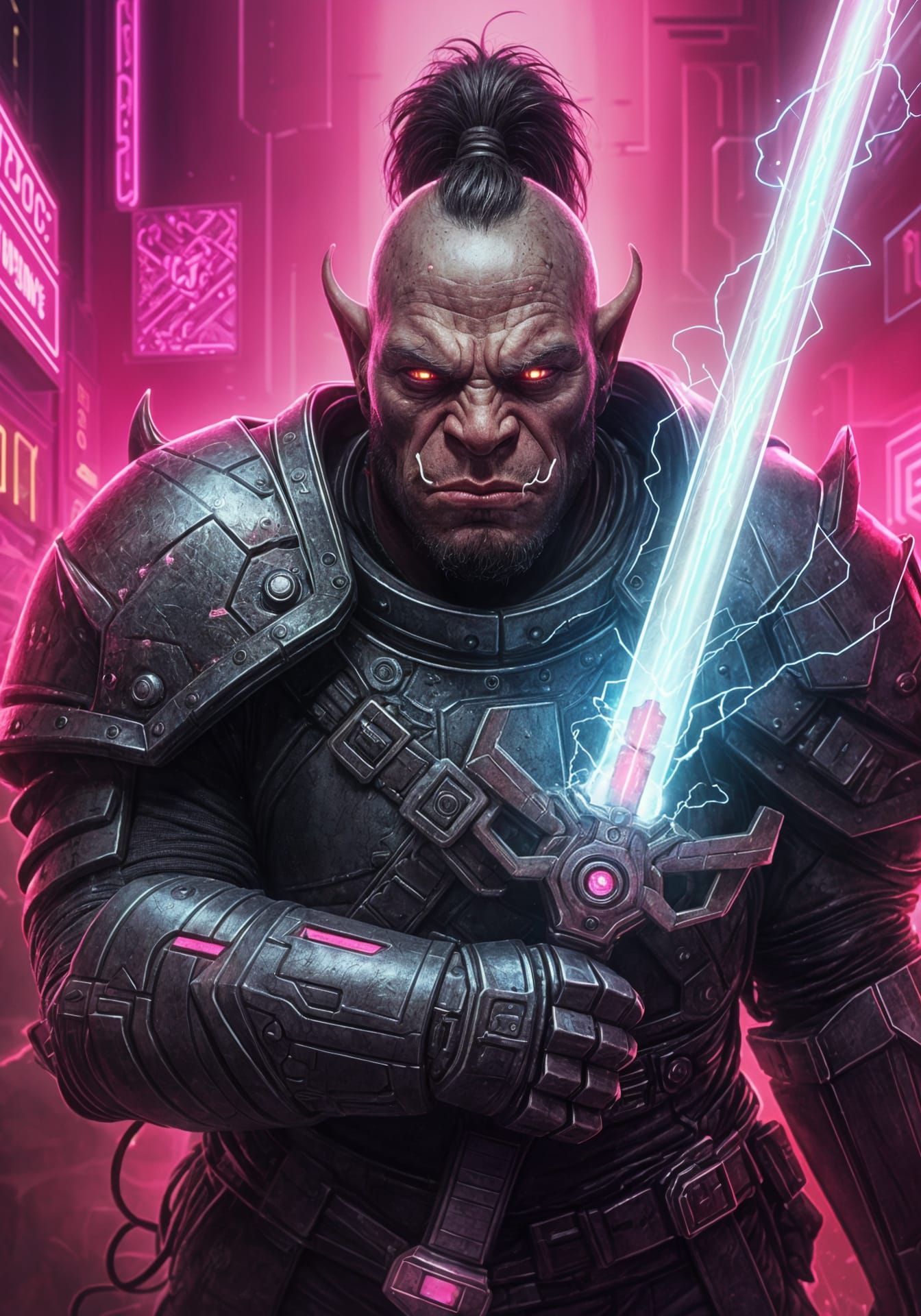 Close up portrait of Sci fi orc with lightning sword under pink neon ...