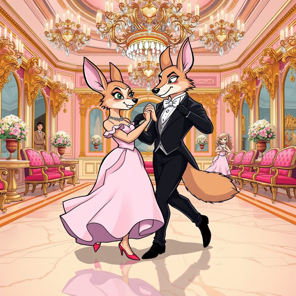 Elegant Animal Couple Waltzes in Grand Ballroom - AI Art